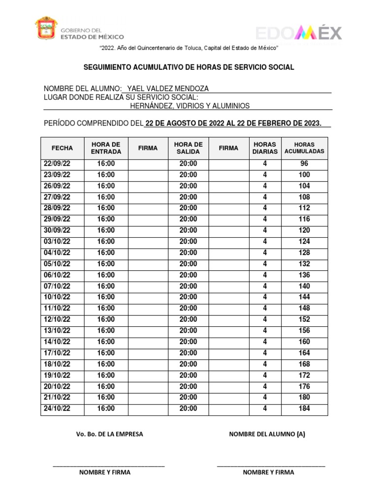 Formato De Horas De Servicio Social Formato De Hora Americana