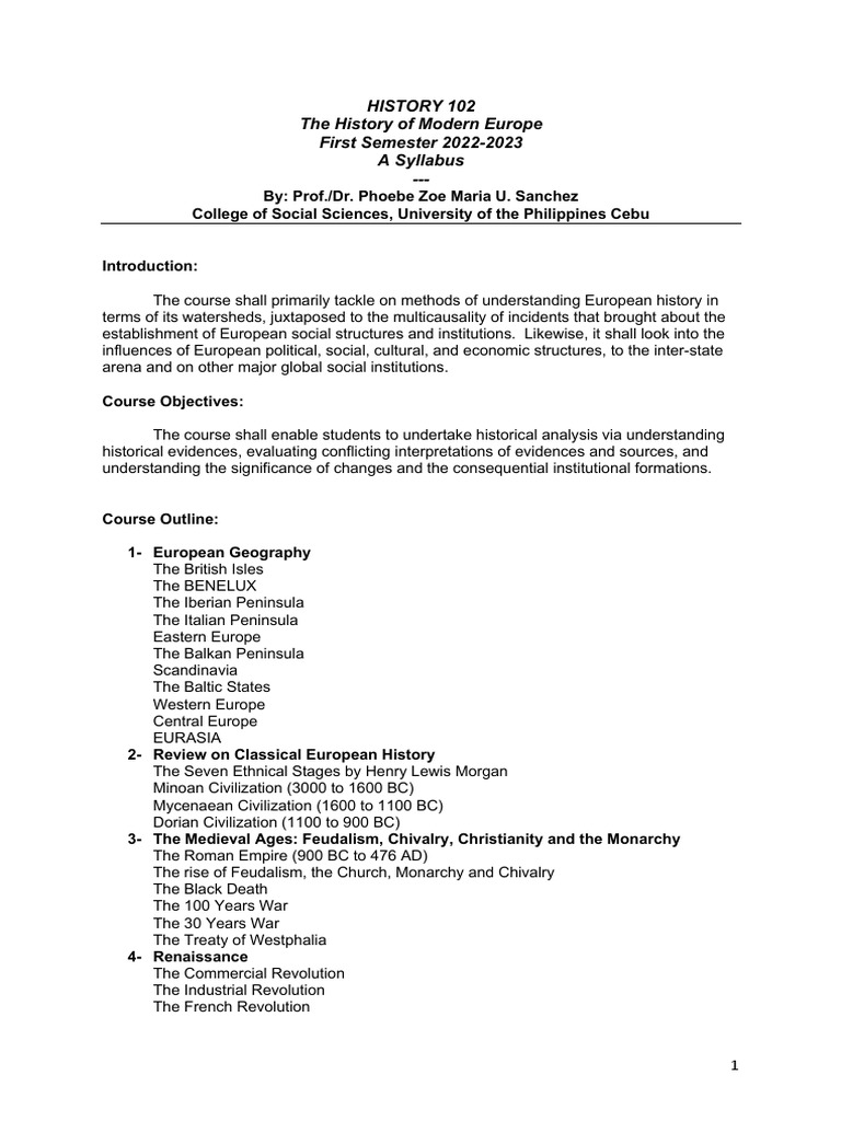 Understanding the Watersheds of Modern European History: A Syllabus for ...