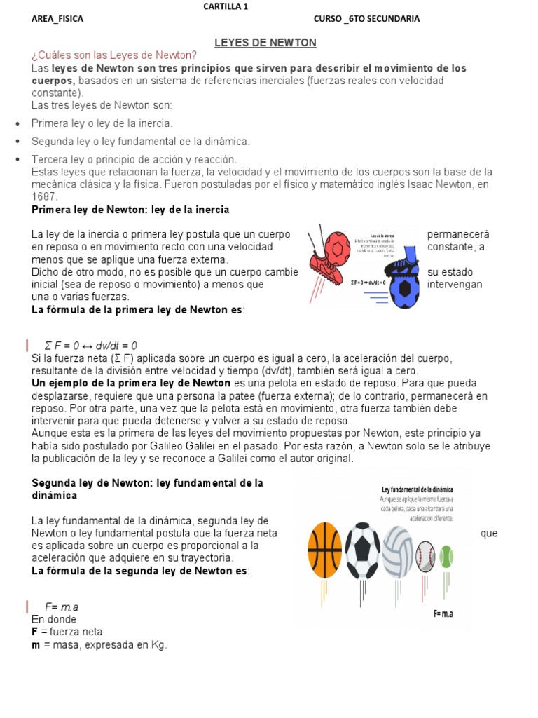 Cartilla 1 6to Fisica | PDF | Las leyes del movimiento de Newton | Fuerza