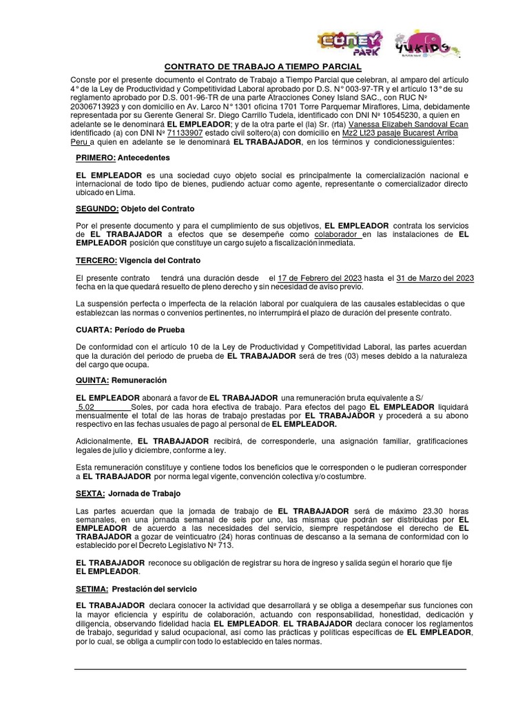 CONTRATO PART TIME - Vanessa Sandoval Ecan | PDF | Privacidad de la ...