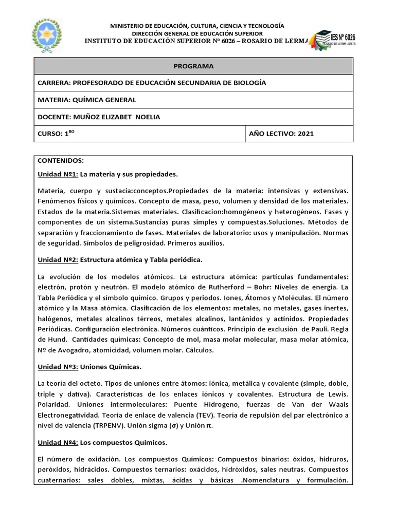 PROGRAMA 2021 Química General 1 | PDF | Relaciones personales, crianza y desarrollo personal ...