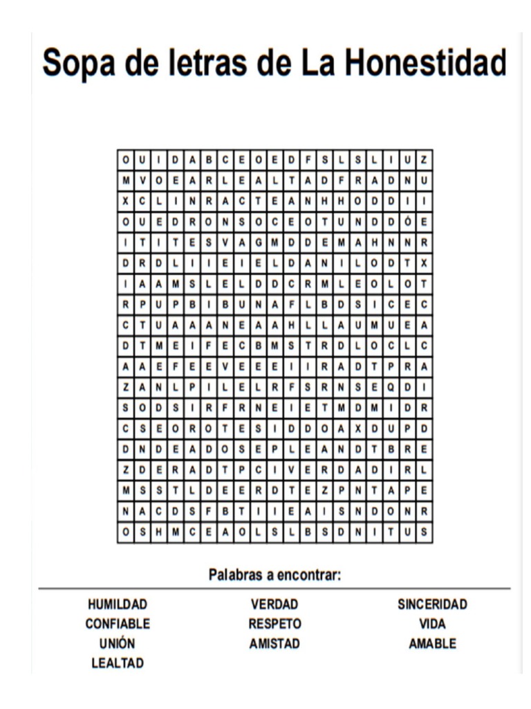 Sopa de Letras Valor Honestidad | PDF