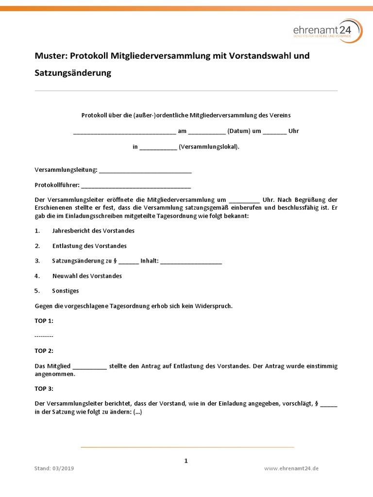 05 Protokoll MGVers. Mit Vorstandswahl Und Satzungsaenderung Muster Und ...