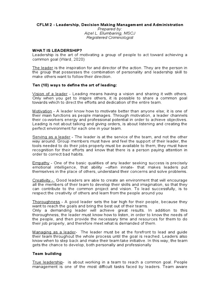 CFLM 2 Handouts | PDF | Leadership | Transformational Leadership