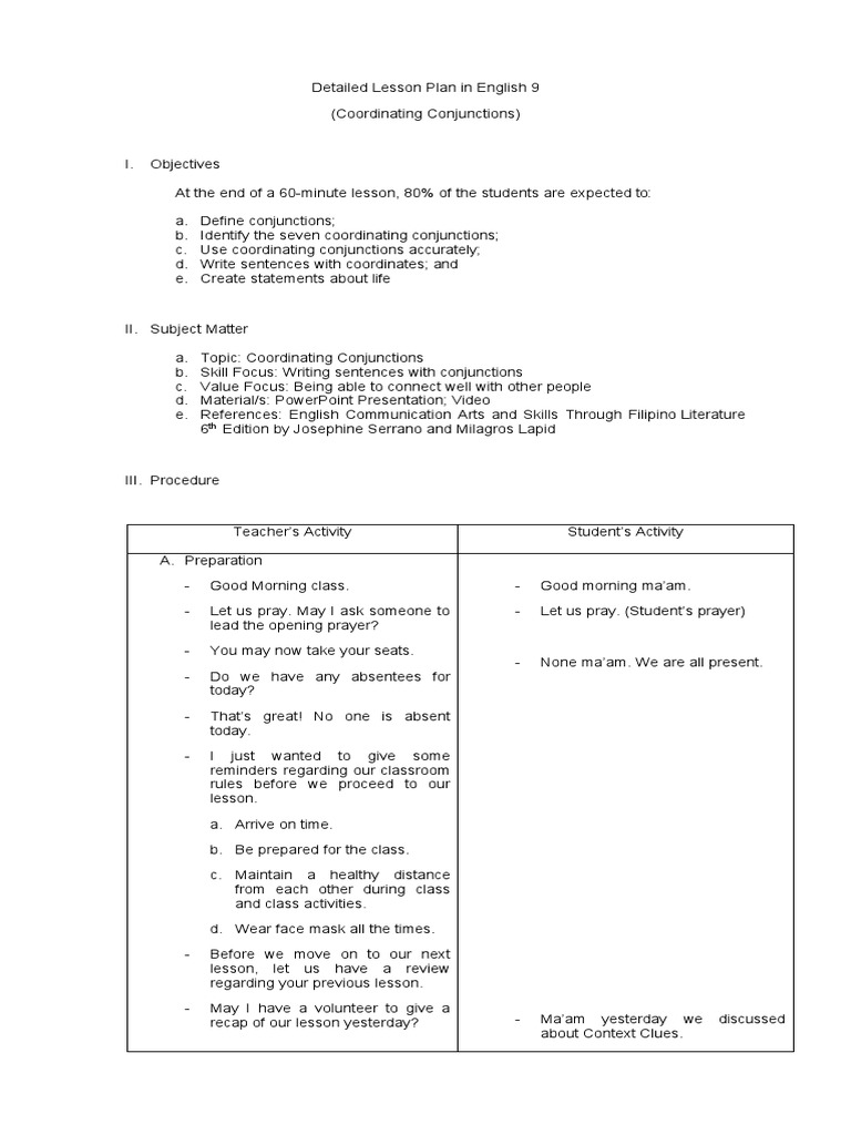 Lesson Plan: Mastering Coordinating Conjunctions | PDF | Linguistics ...