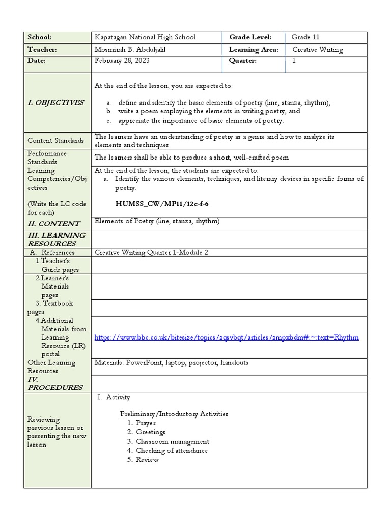 DLP COT For Elements of Poetry | PDF | Poetry | Stress (Linguistics)