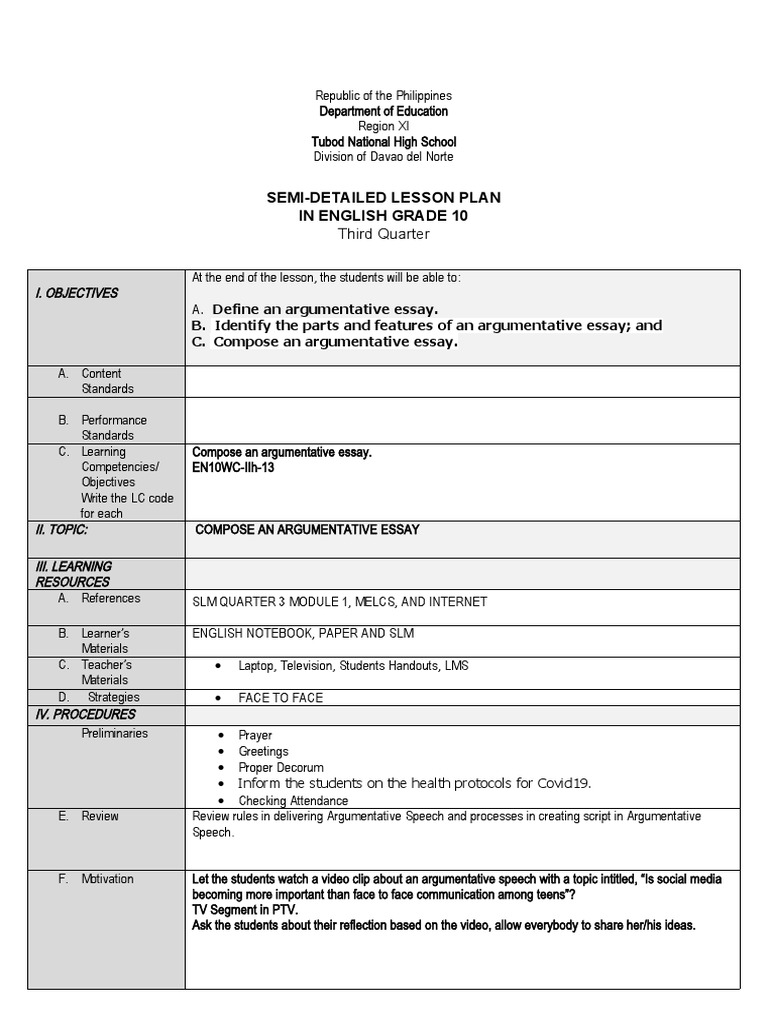 Grade 10 Argumentative Essay Lesson Plan | PDF | Essays | Lesson Plan