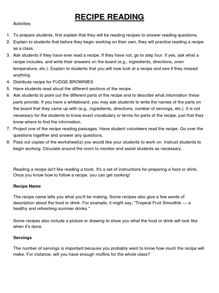 Reading Recipes: Fudge Brownies Activity | PDF | Chocolate Brownie ...