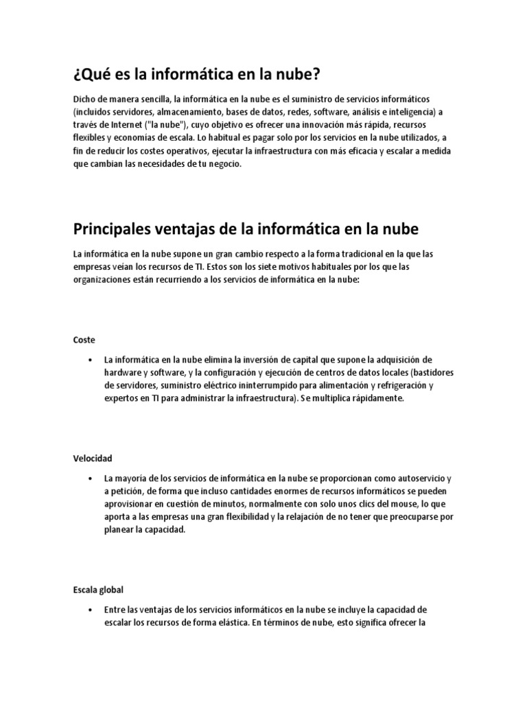 Principales Ventajas de La Informática en La Nube | PDF | Computación en la nube | Software como ...