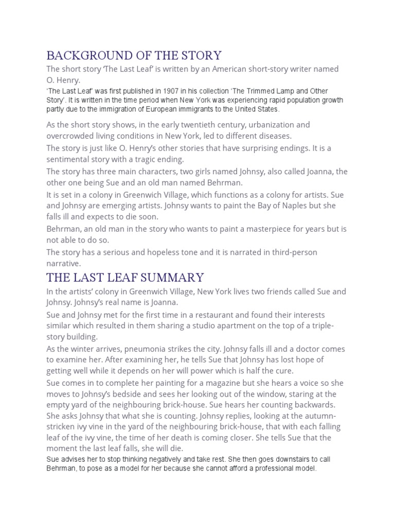 The Last Leaf Summury | PDF | Narration | Hope