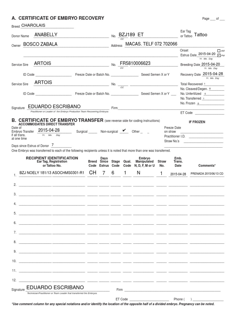 Embryo Transfer Documentation Form | PDF | Embryo | Domestication