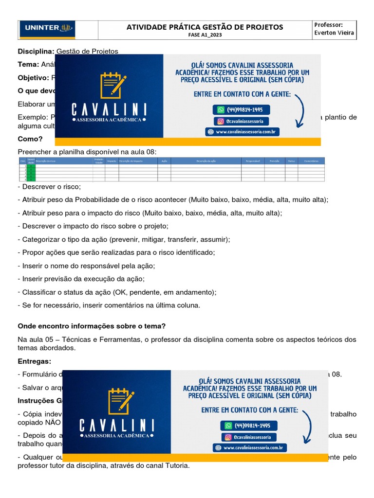 Atividade Prática Gestão de Projetos - Uninter | PDF