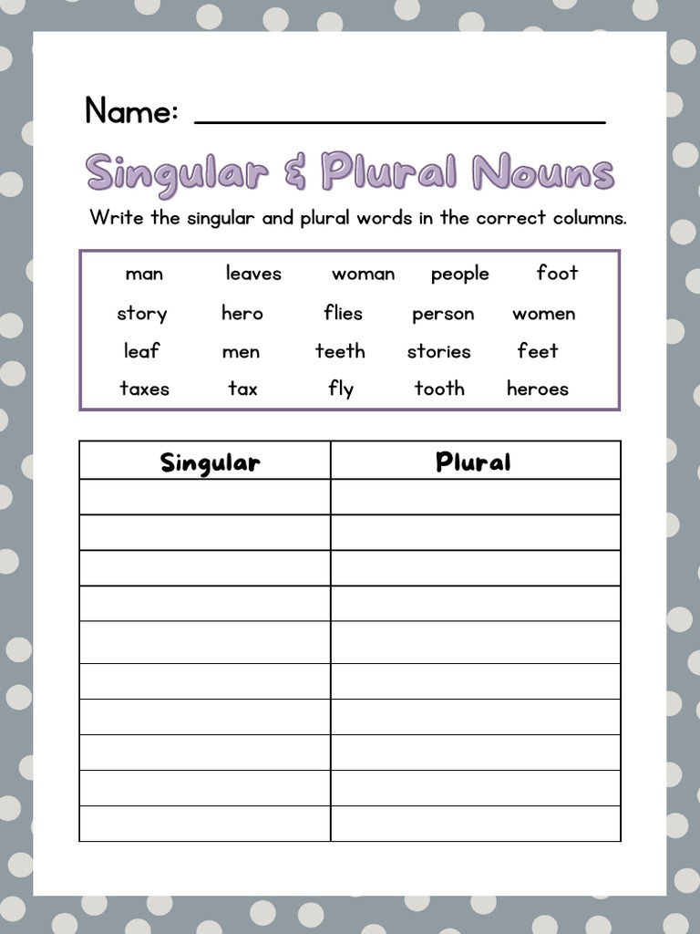 Singular And Plural Nouns Printable Worksheets