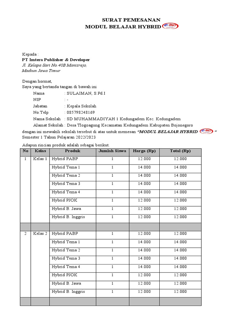 SURAT PEMESANAN MODUL BELAJAR HYBRID E-Pro SDM 1 KDM | PDF