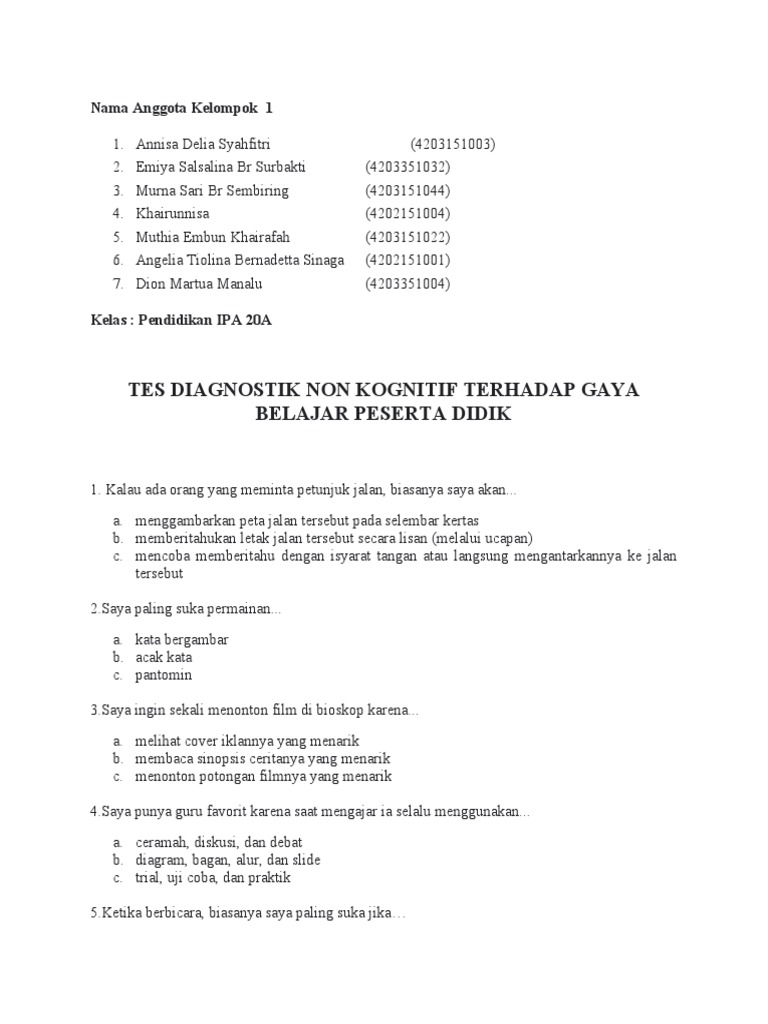 Tes Diagnostik Non Kognitif Terhadap Gaya Belajar Peserta Didik - Kel1 ... Tes Diagnostik Non Kognitif Terhadap Gaya Belajar Peserta Didik - Kel1 ...