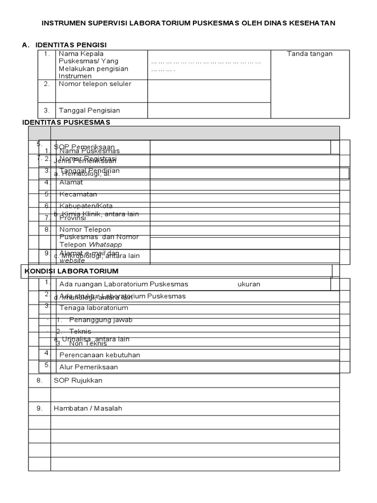Instrumen Supervisi Laboratorium Puskesmas Oleh Dinas Kesehatan | PDF