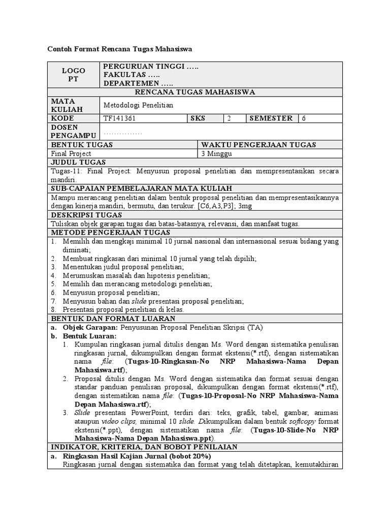 Rencana Tugas Mahasiswa | PDF