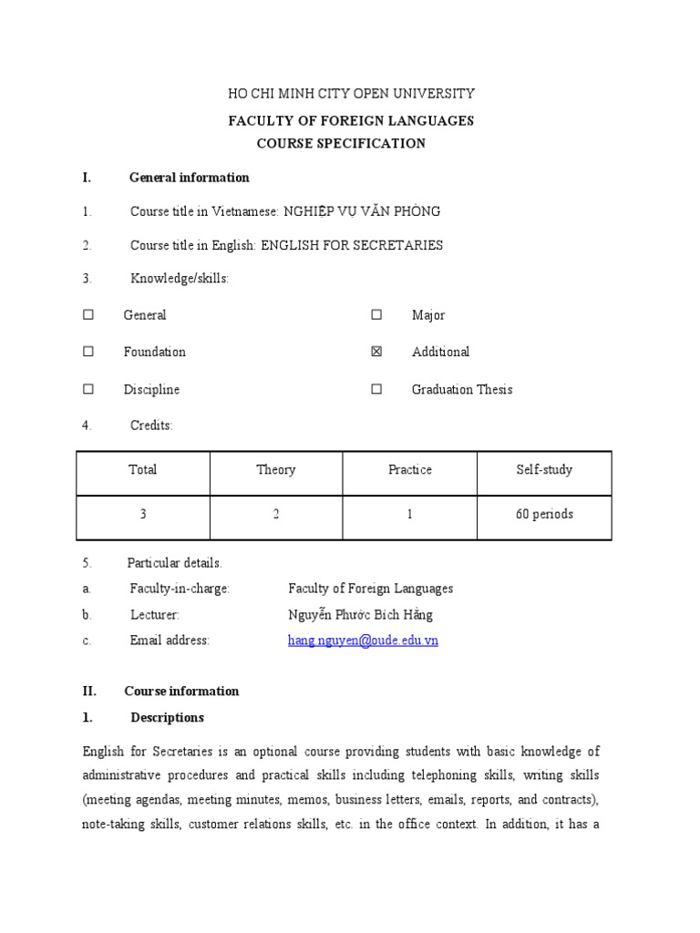 English for Secretaries: A Course Specification for Developing ...