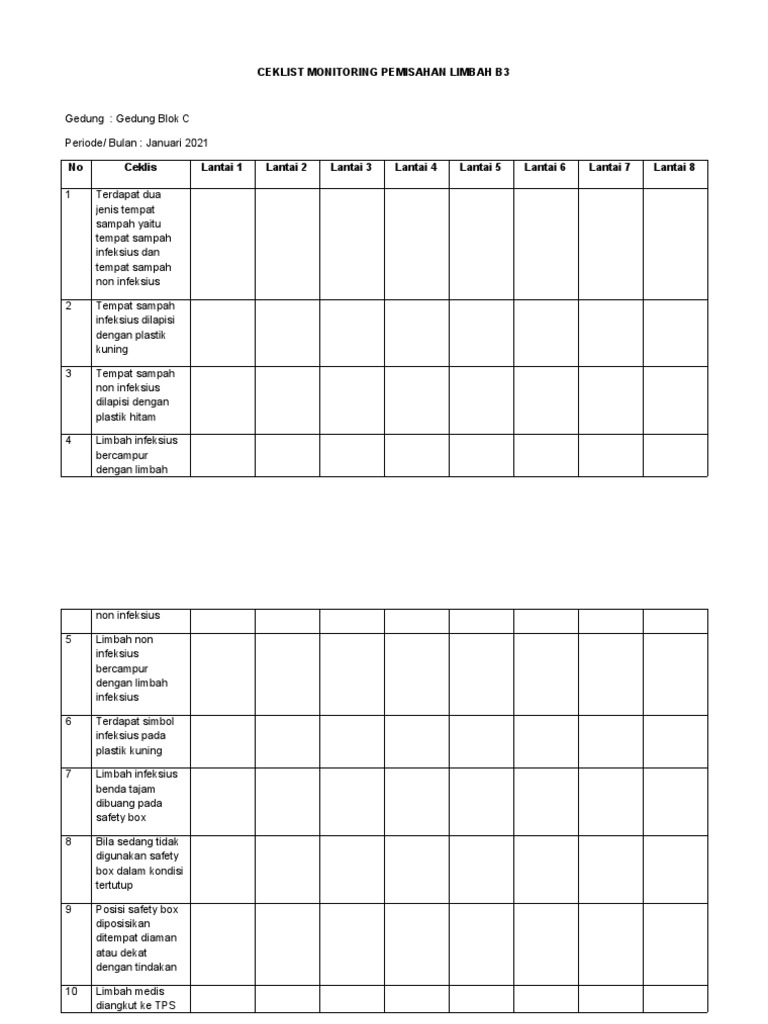 Ceklist Pemisahan Limbah B3 Gedung Blok C | PDF