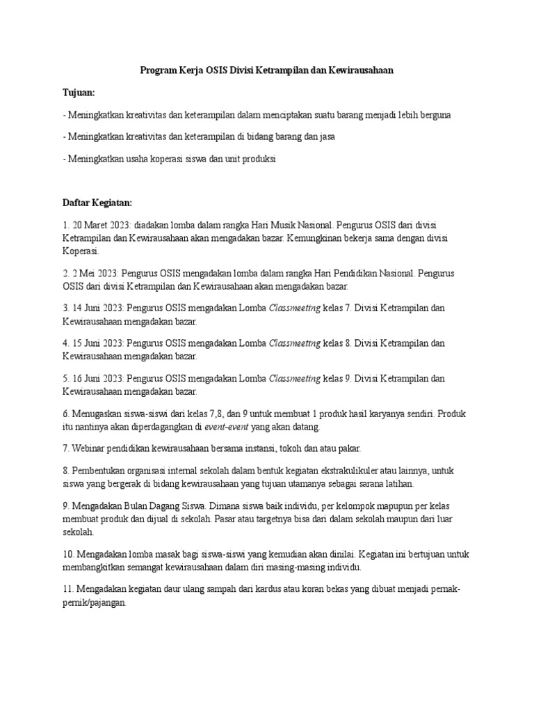 Daftar Proker Ketrampilan Kewirausahaan OSIS 2023 | PDF
