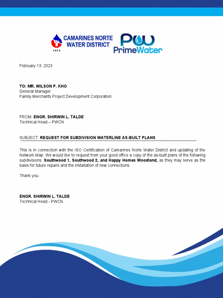 Request for Subdivision Waterline Plans | PDF