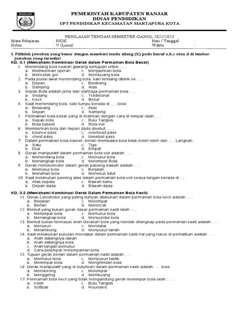 PTS PJOK Kelas 5 Sem. 1 | PDF