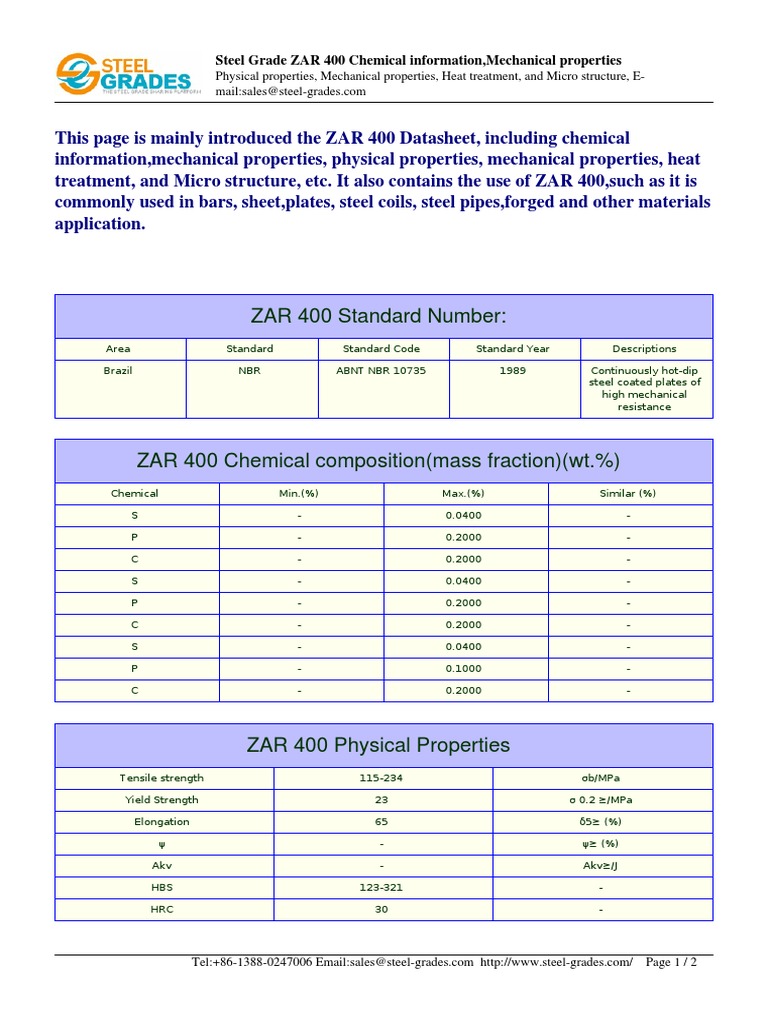 ZAR 400 Datasheet | PDF | Rolling (Metalworking) | Steel