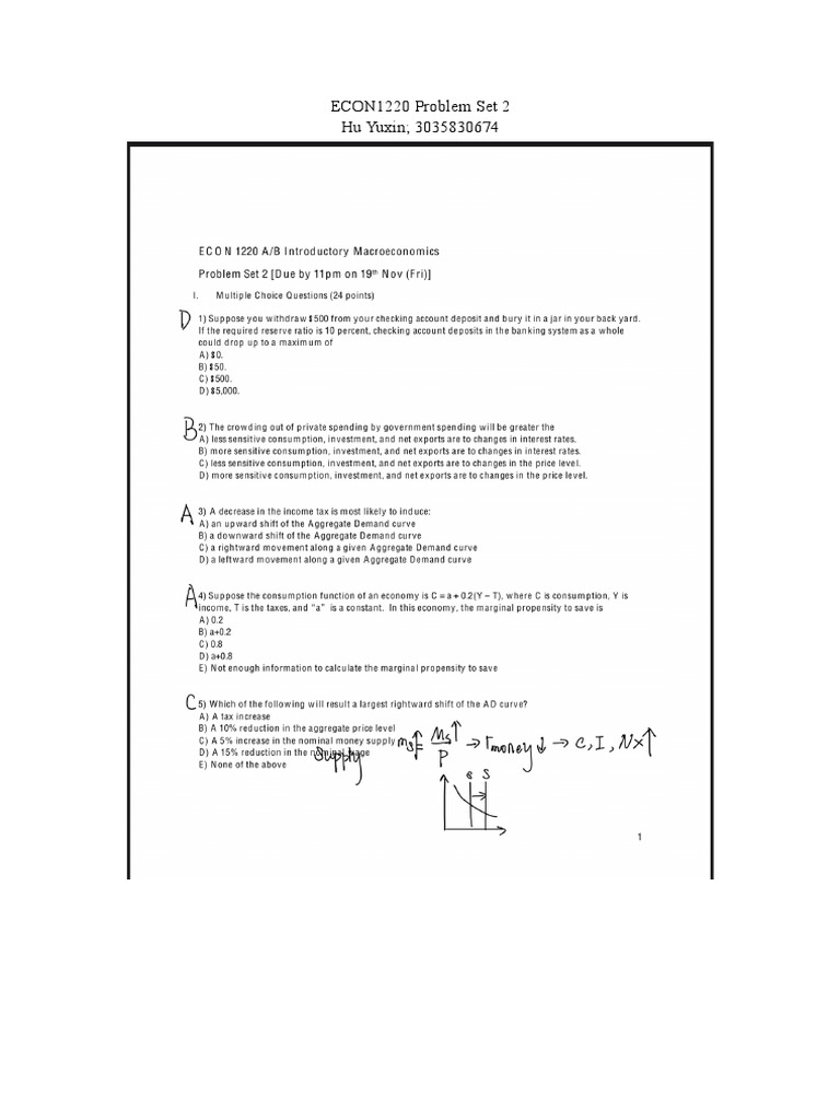 ECON1220 Problem Set 2 | PDF | Economic Equilibrium | Aggregate Demand