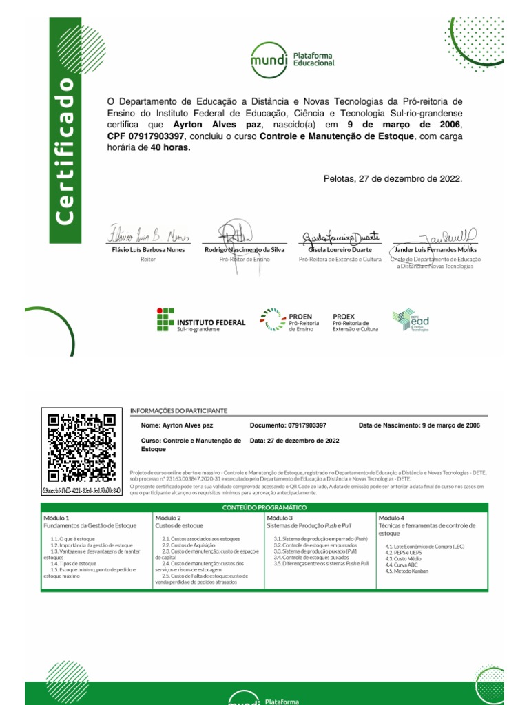 Https:/mundi Ifsul Edu Br/ava/mod/simplecertificate/view | PDF