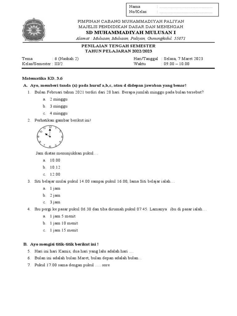 Kelas 3 Soal PTS Tema 6 N2 SMT2 | PDF