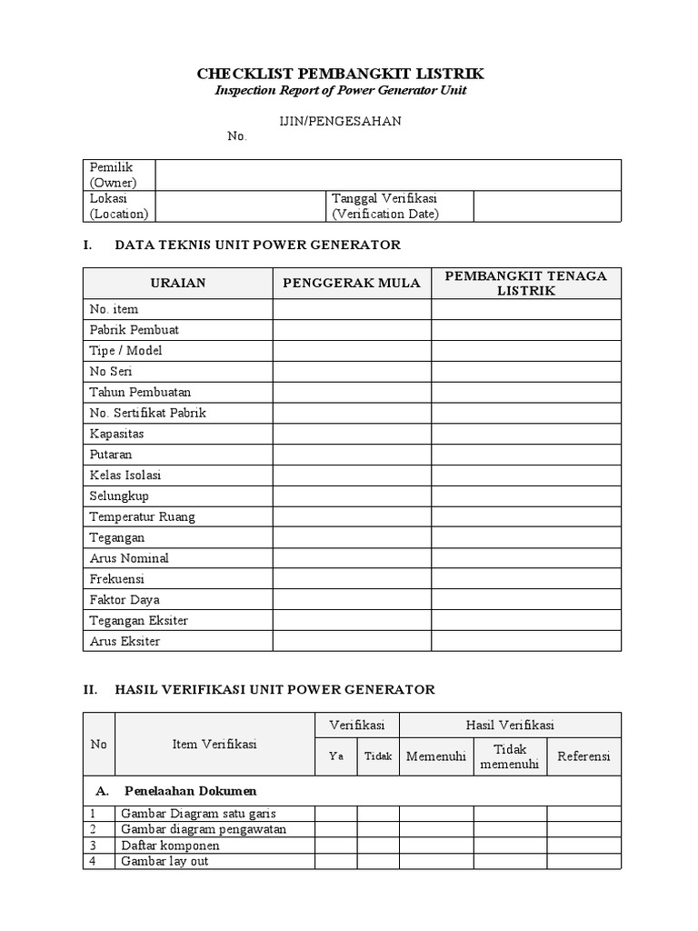Checklist Pembangkit Listrik | PDF