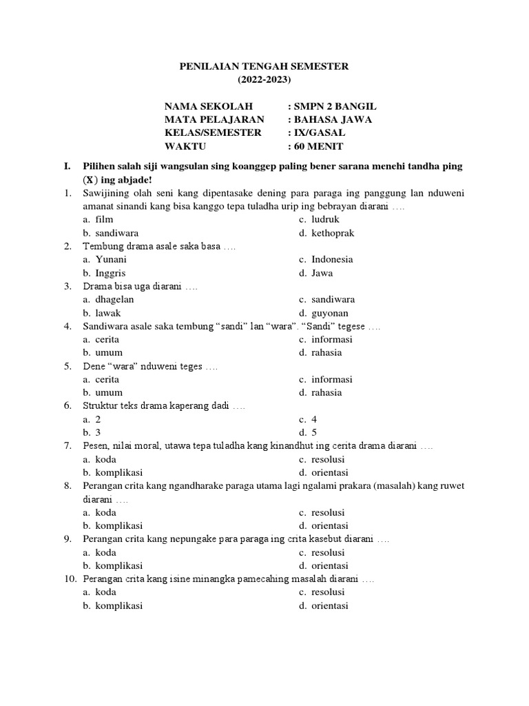 Soal PTS Kelas 9 Tapel 2022-2023 Ganjil | PDF