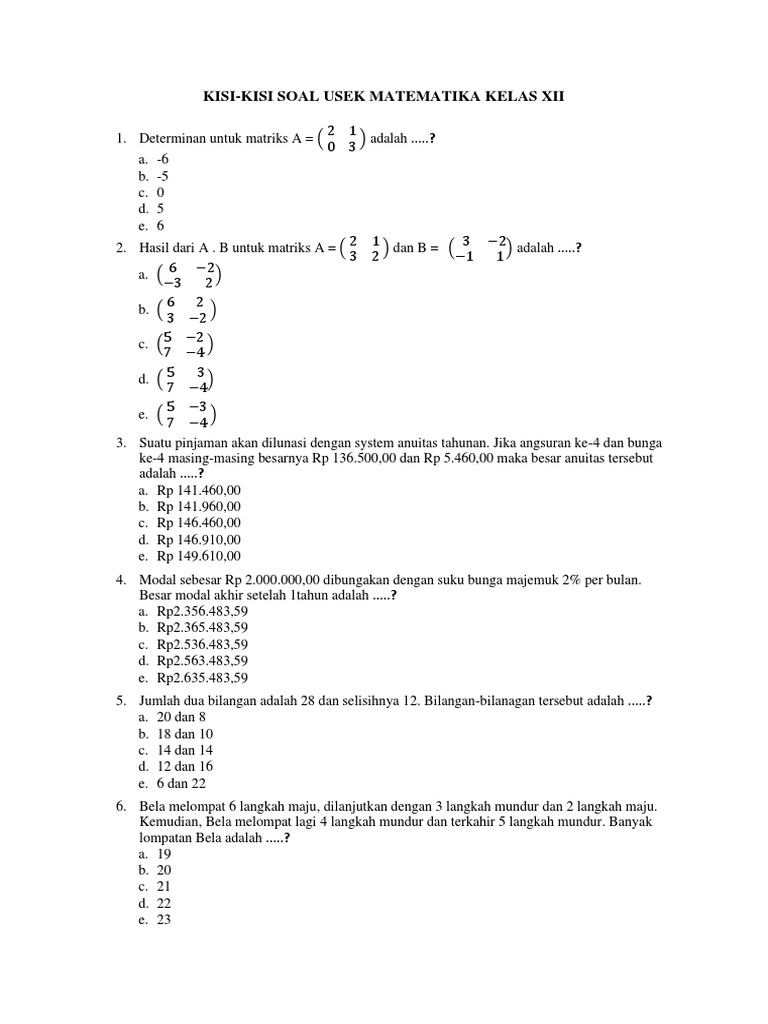 Kisi-Kisi Soal Ujian Matematika Kelas Xii | PDF