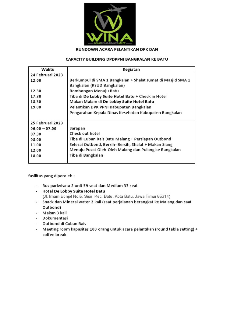RUNDOWN ACARA Pelantikan Dan Capacity Building PPNI Bangkalan 2023 | PDF