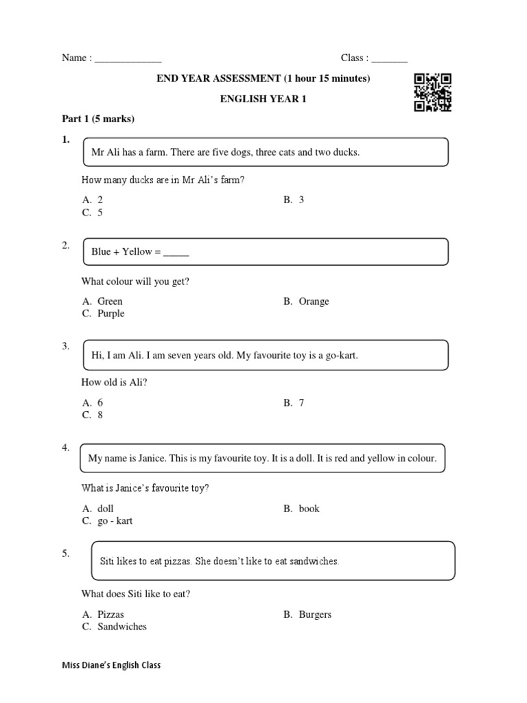 Year 1 English Assessment | PDF