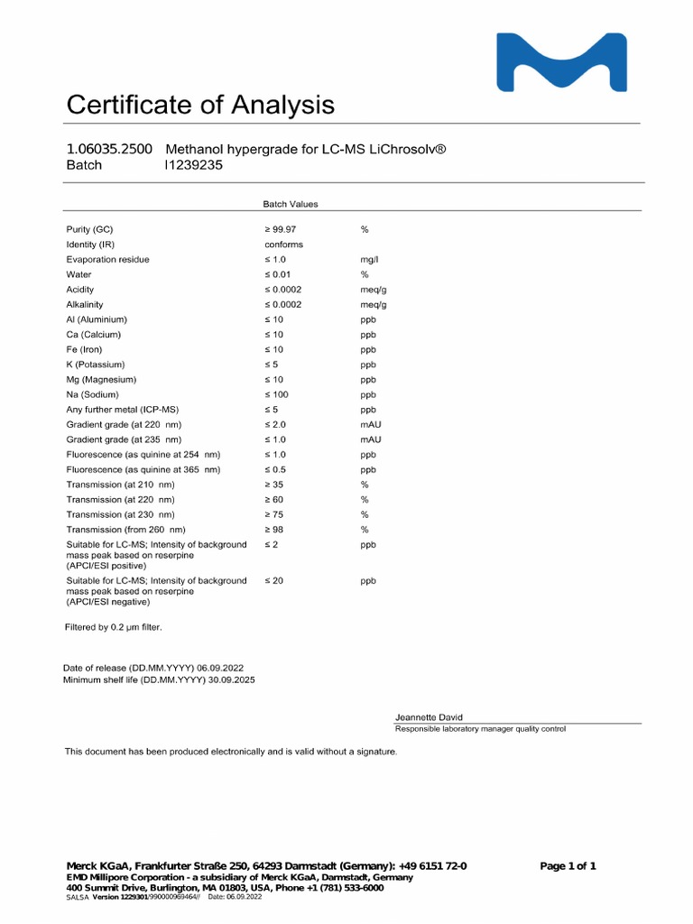 Methanol Certificate | PDF