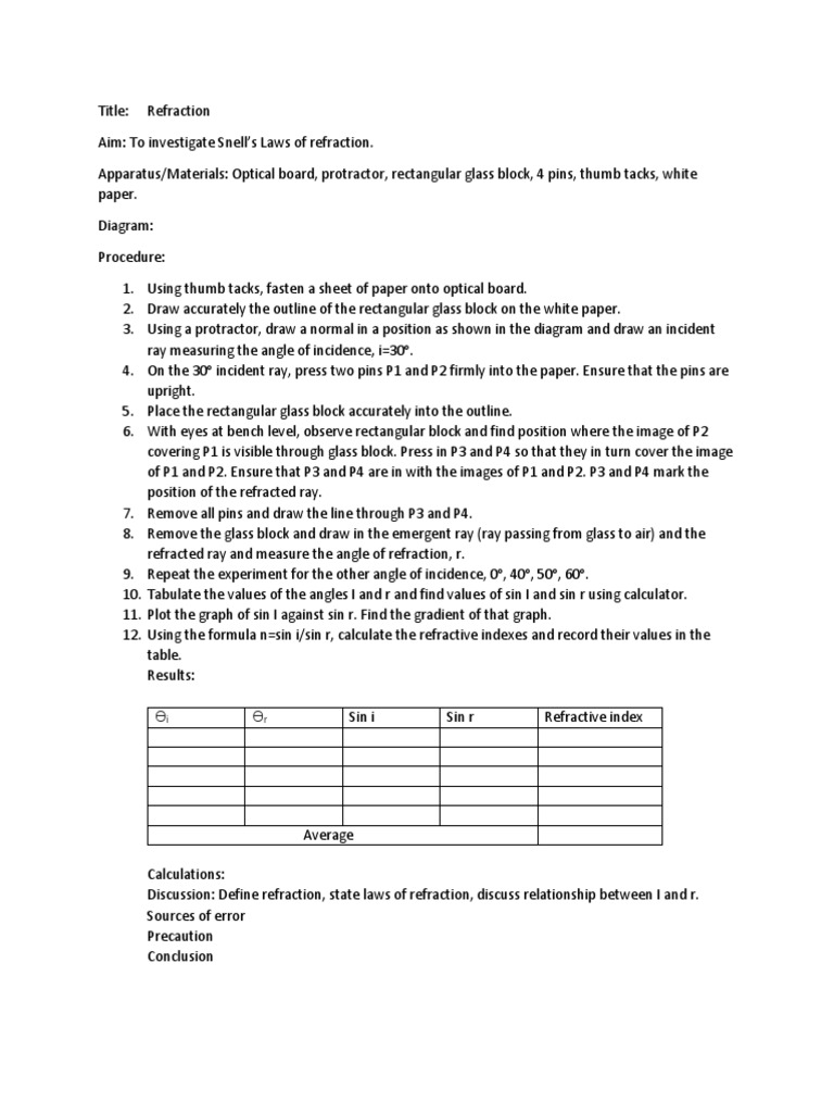 Refraction Lab Pdf Refraction Refractive Index