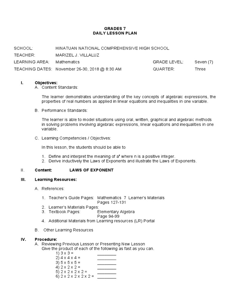 Lesson Plan - Laws of Exponent | PDF | Equations | Behavior Modification