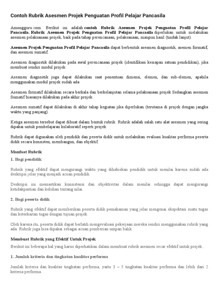 Contoh Rubrik Asesmen p5 | PDF