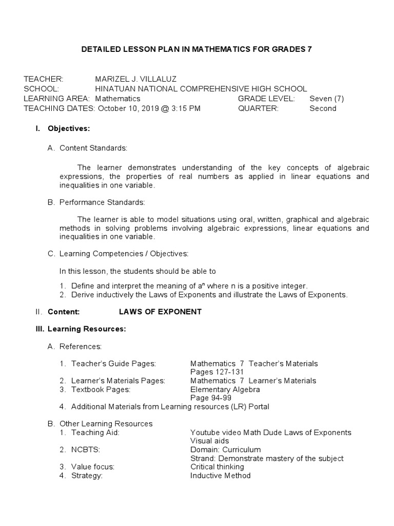 Detailed Lesson Plan - Laws of Exponent | PDF | Mathematics | Equations
