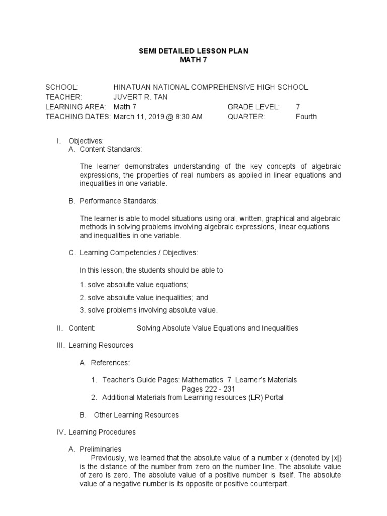 Semi Detailed Lesson Plan - Math 7 | PDF