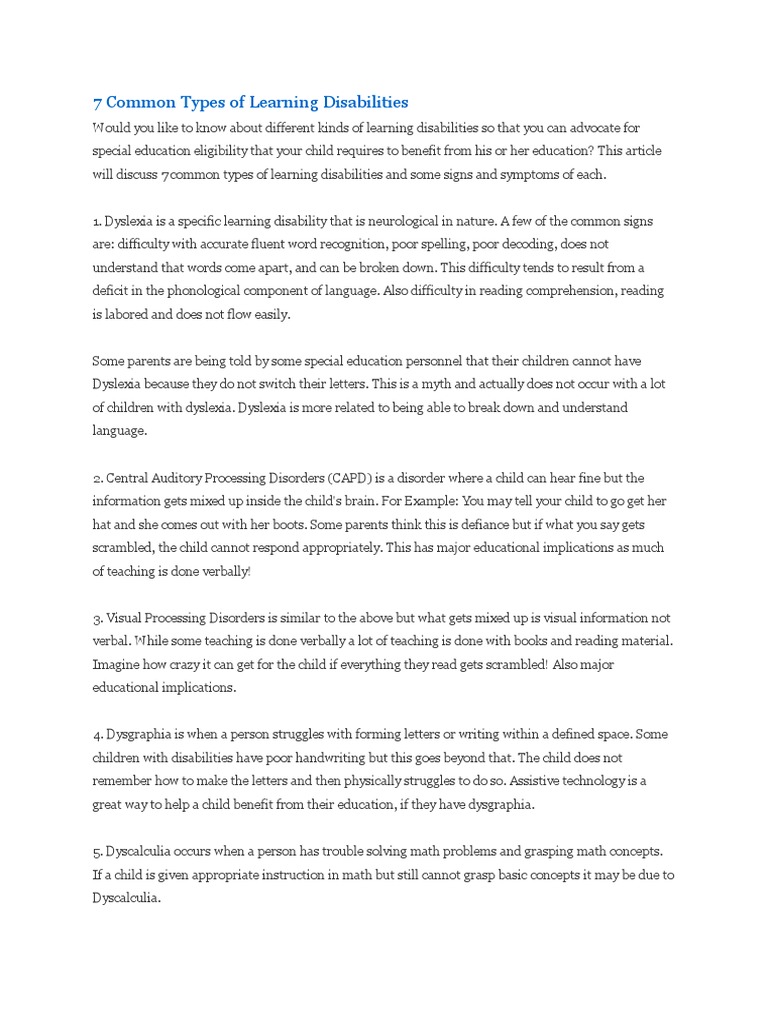 7 Common Types of Learning Disabilities | PDF | Dyslexia | Learning ...