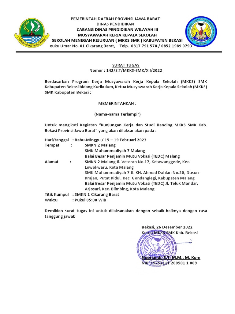 Surat Tugas Kunjungan Kerja Malang | PDF