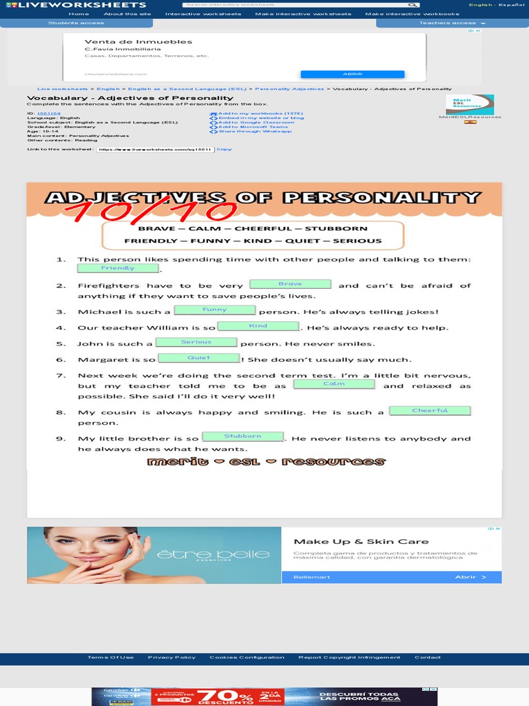 Vocabulary - Adjectives of Personality Worksheet | PDF | Linguistics ...