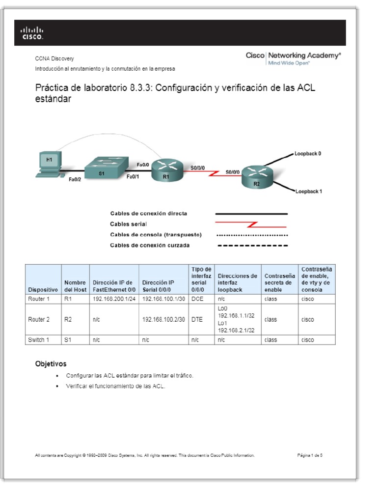 Práctica de Laboratorio 8.3.3 - Configuración y Verificación de Las ACL Estándar - PDF Descargar ...