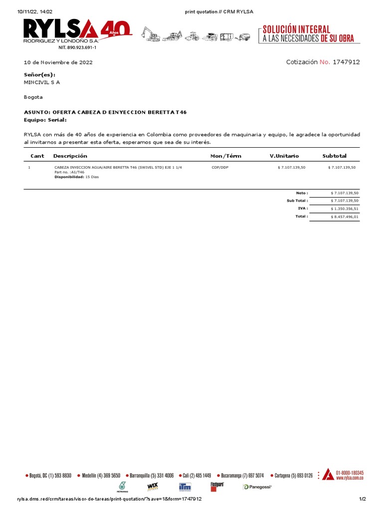 Oferta Cabeza Inyección Beretta T46 | PDF | Bancos | Servicios financieros