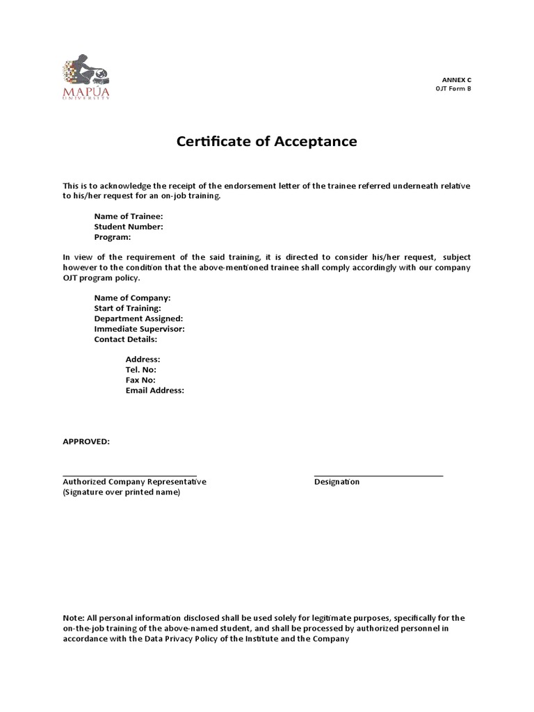 2 Certificate of Acceptance | PDF | Career & Growth
