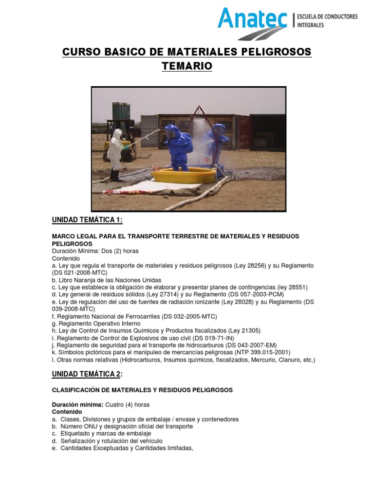 Curso Basico de Materiales Peligrosos 12 Horas Temario 2 | PDF | Transporte