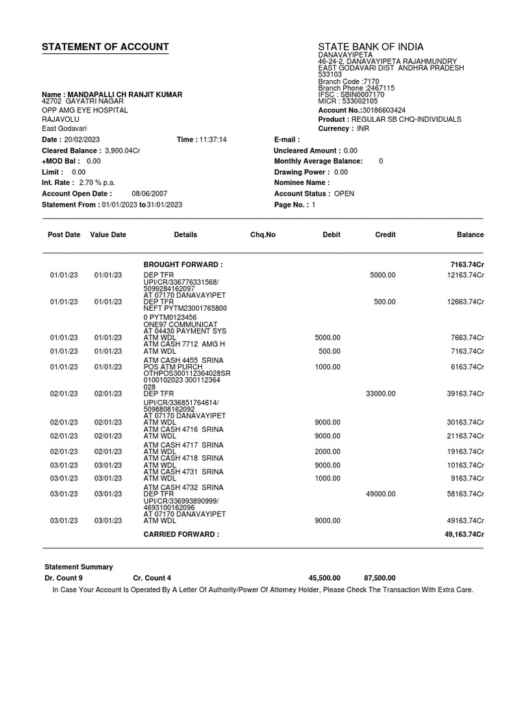 Account Statement for Ranjit Kumar | PDF | Debit Card | Automated Teller Machine