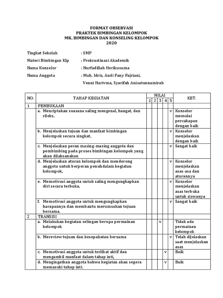 Format Observasi Praktek Bimbingan Kelompok | PDF